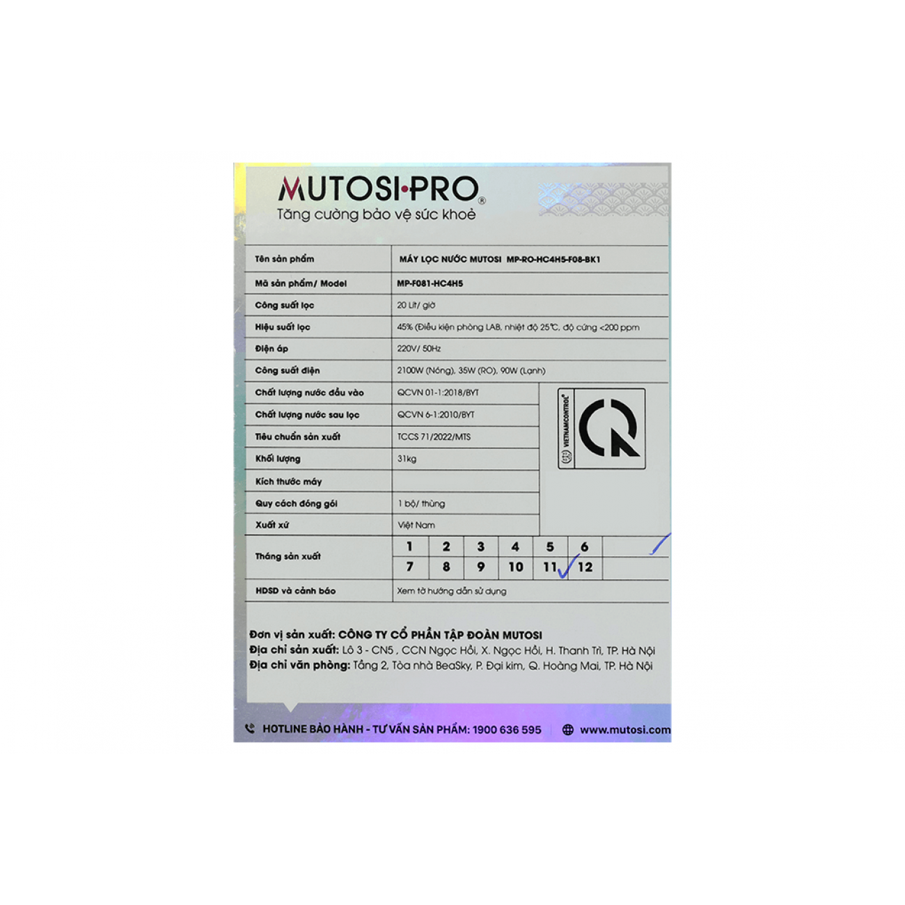 Máy lọc nước Mutosi Hydrogen Pro Plus Ion Kiềm MP-F081-HC4H5